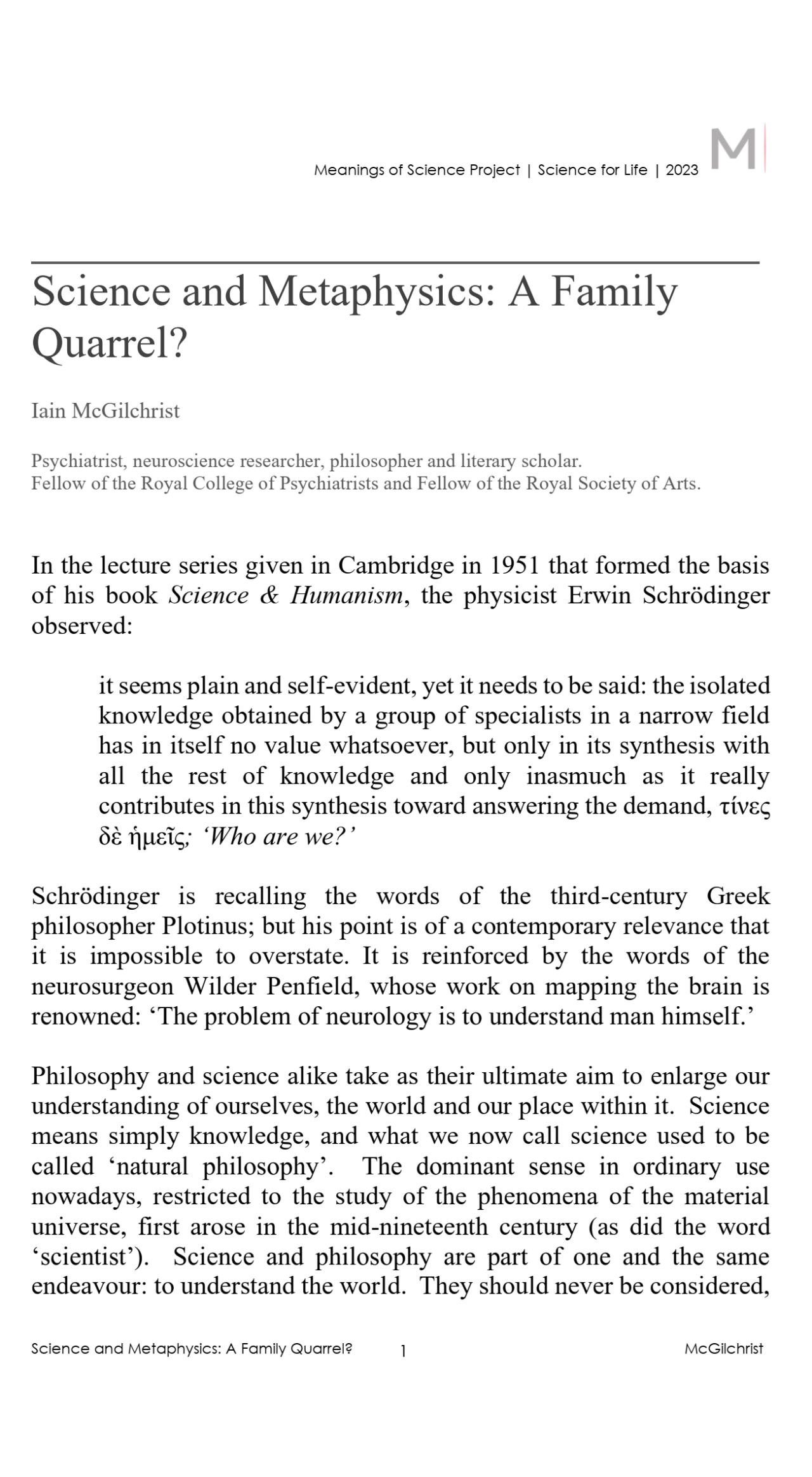 Science and Metaphysics: A Family Quarrel? by Iain McGilchrist - from the Marginalia Review of ...