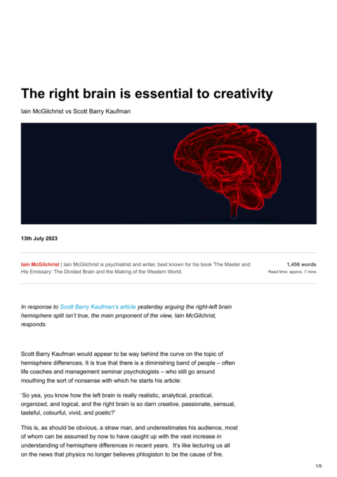 Iain McGilchrist vs Scott Barry Kaufman, The Right Brain is Essential ...